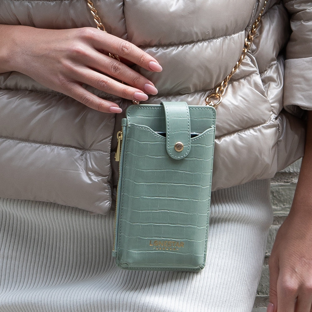 Stylish Alya Phone Case Bag in Vintage Teal Leather